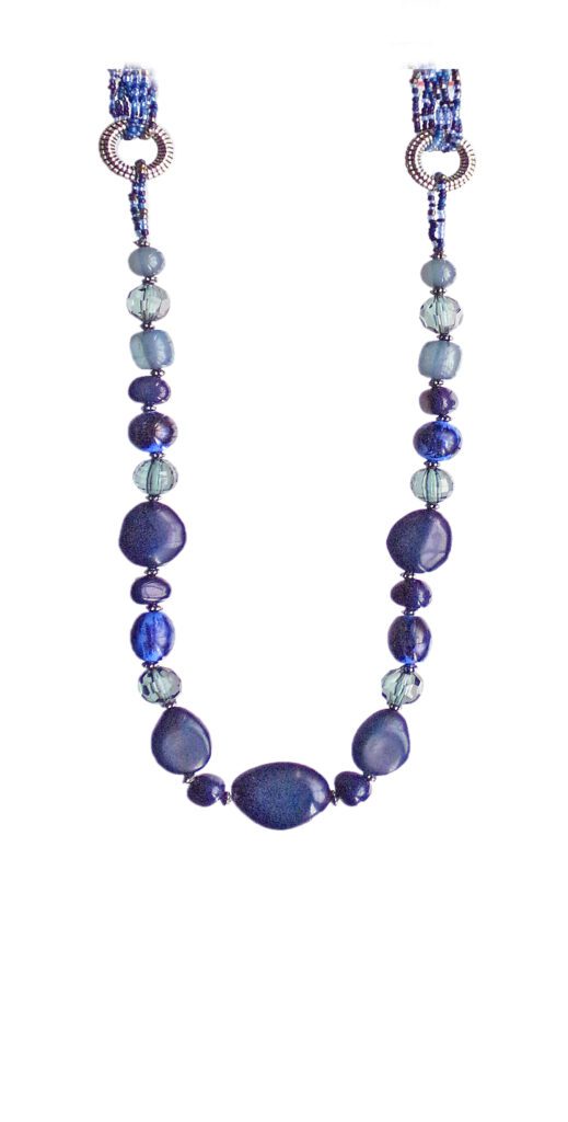 LONG DARK BLUE BEAD AND SEED BEADED NECKLACE - Calisa Designs